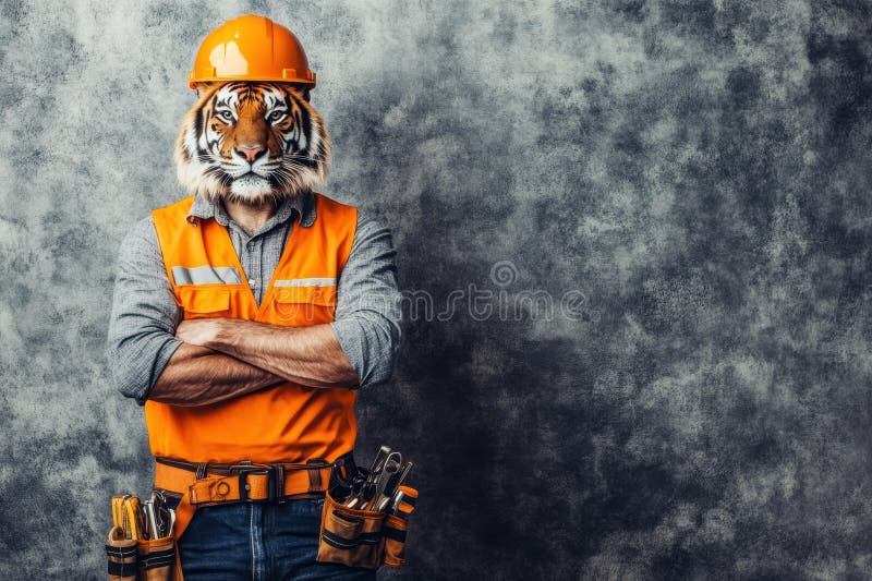 Construction Worker with Tiger Head in Orange Vest and Hard Hat Posing ...