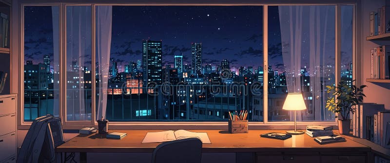 Anime Lofi City View from Window at Night Comfy Space with Study Desk ...
