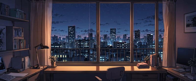 Anime Lofi City View from Window at Night Comfy Space with Study Desk ...