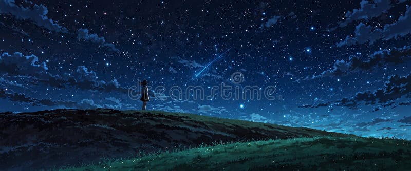 Background of a Person on the Hill Looking at the Night Sky Anime Style ...