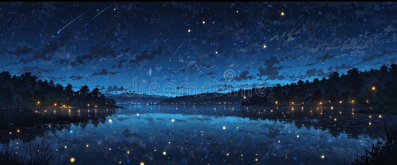 Beautiful Anime-style Illustration of Glowing Fireflies Over a Lake at ...