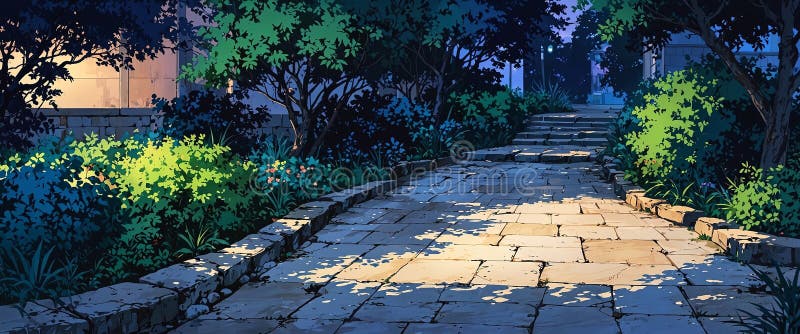 Beautiful Anime-style Illustration of a Stone Path through a Garden at ...