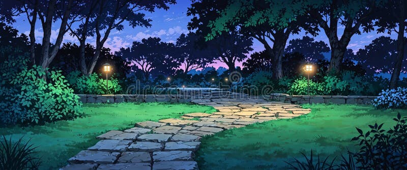 Beautiful Anime-style Illustration of a Stone Path through a Garden at ...
