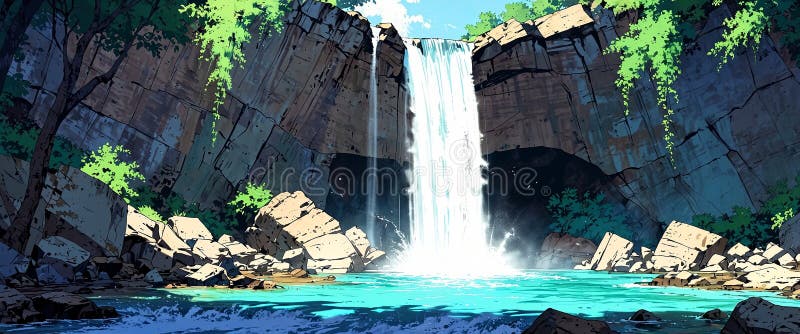 Beautiul Anime-style Illustration of a Hidden Waterfall. Anime Style ...