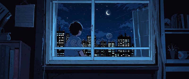 Child Learns at Night and Looks Out of the Window Midnight City. Anime ...