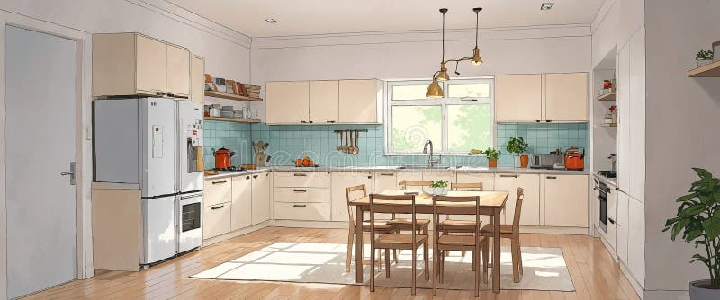 Colour Image Kitchen in Newly Restored Rebuilt House. Anime Style Stock ...