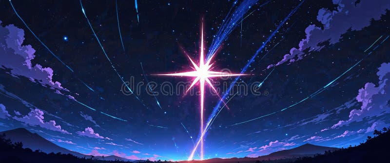 A Magical Star Falls in Magnificent Night Sky Retro Anime Style with ...