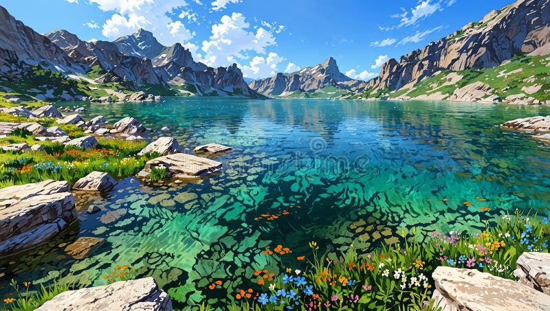 Mountain Lake with Crystal Clear Water and Wildflowers. 2d Style Stock ...