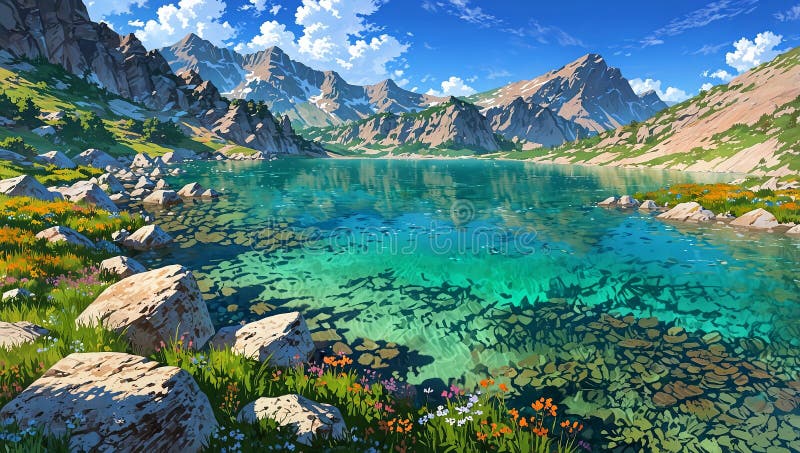 Mountain Lake with Crystal Clear Water and Wildflowers. 2d Style Stock ...