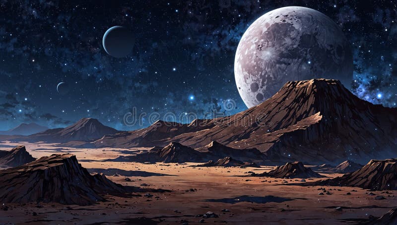 Mysterious 2D Lunar Landscape with Craters and a Starry Sky for Cosmic ...