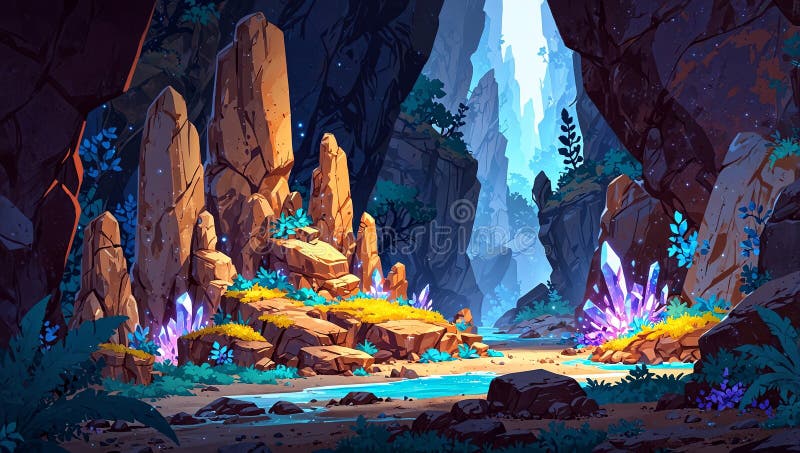 Mystic Canyon Scene with Rocky Formations and Glowing Crystals for Game ...