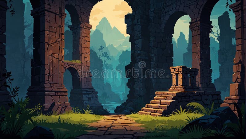 Mystic Ruins Landscape, Seamless Ancient Background with Layers for ...