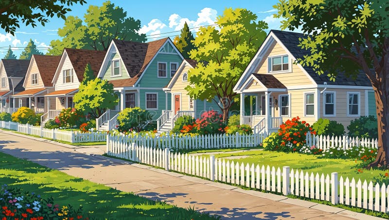Nostalgic 2D Suburban Neighborhood with Picket Fences and Blooming ...