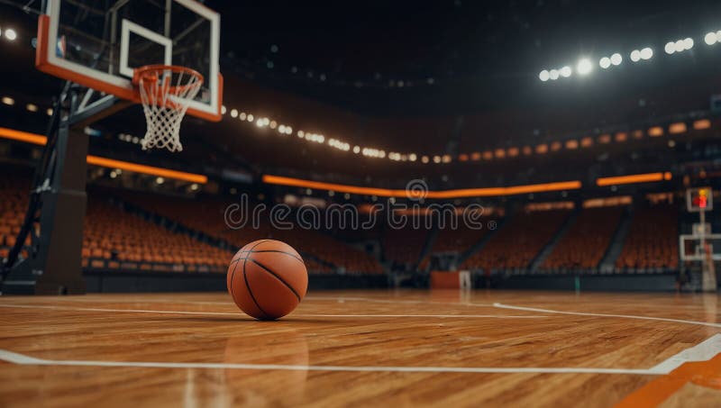 Orange Ball on Basketball Court with Stadium As Background Basketball ...