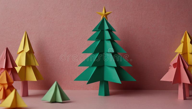 Origami Art Handmade Paper Christmas Tree on Pink Background. 2d Style ...