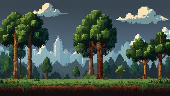 Pixel Art Arcade Game Scene with Trees, Clouds and 8bit Wooden Board ...