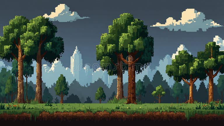 Pixel Art Arcade Game Scene with Trees, Clouds and 8bit Wooden Board ...