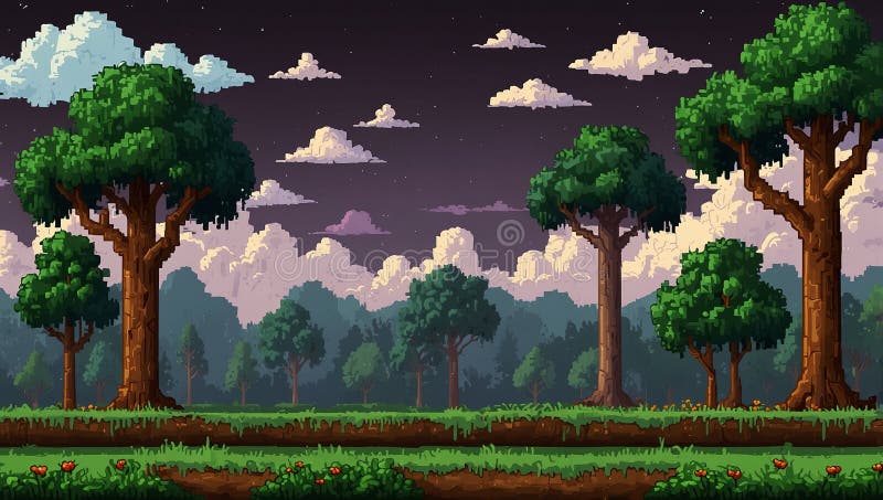 Pixel Art Arcade Game Scene with Trees, Clouds and 8bit Wooden Board ...