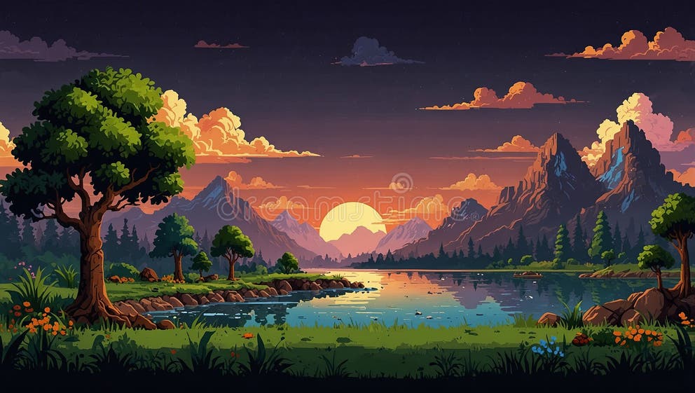 Pixel Art 8bit Game Home Screen Landscape Start Game Background. 2d ...