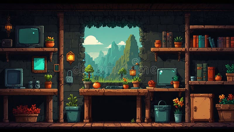 Pixel Art Game Background Computer Game Screen with Bonus Items. 2d ...