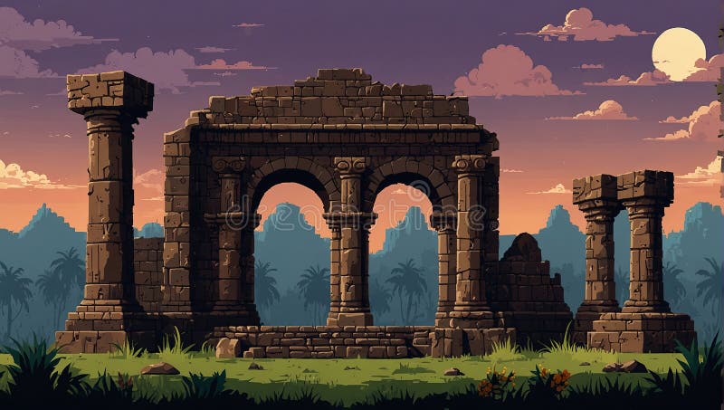 Pixel Art Seamless Ancient Ruins Background with Temples. 2d Style ...