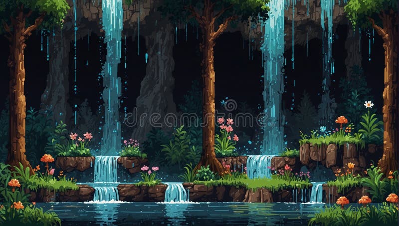 Pixel Art Seamless Enchanted Waterfall Background with Magical ...