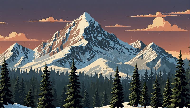 Pixel Art Seamless Snowy Mountain Background with Pine Trees. 2d Style ...