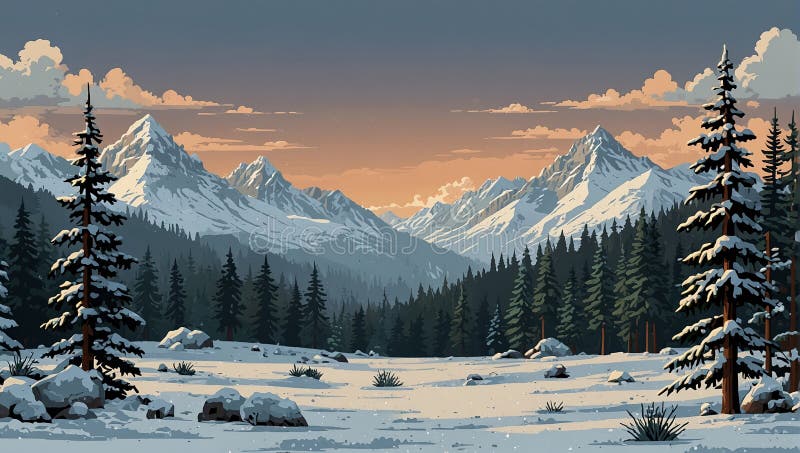 Pixel Art Seamless Snowy Mountain Background with Pine Trees. 2d Style ...