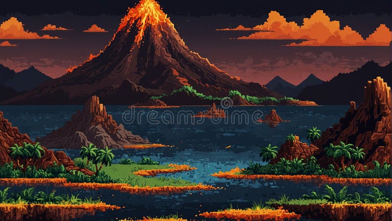 Pixel Art Seamless Volcano Island Background with Lava Flows. 2d Style ...