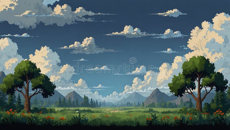 Pixel Art of a Simple Nature Video Game Backgound with Blue Sky and ...