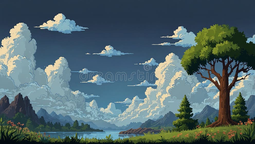 Pixel Art of a Simple Nature Video Game Backgound with Blue Sky and ...