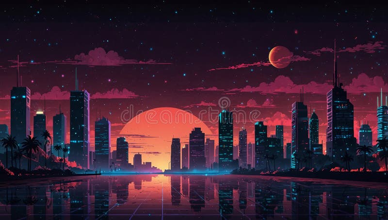 Pixel 80s Retro Wave Sci Fi Background for Game. 2d Style Stock Photo ...