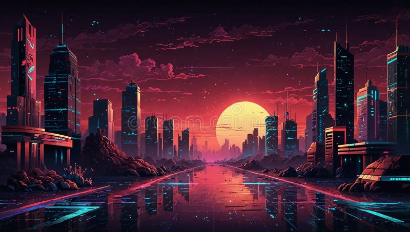 Pixel 80s Retro Wave Sci Fi Background for Game. 2d Style Stock Image ...