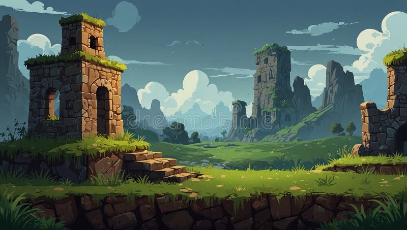 Platformer Game Backdrop with Stone Ruins and Grassy Terrain. 2d Style ...