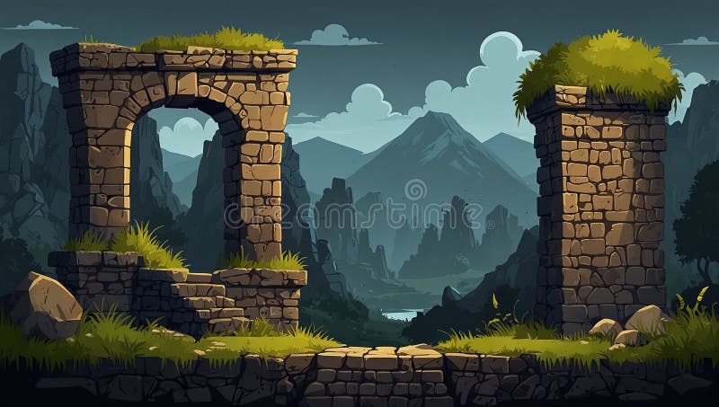 Platformer Game Backdrop with Stone Ruins and Grassy Terrain. 2d Style ...