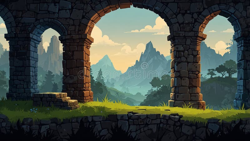 Platformer Game Backdrop with Stone Ruins and Grassy Terrain. 2d Style ...