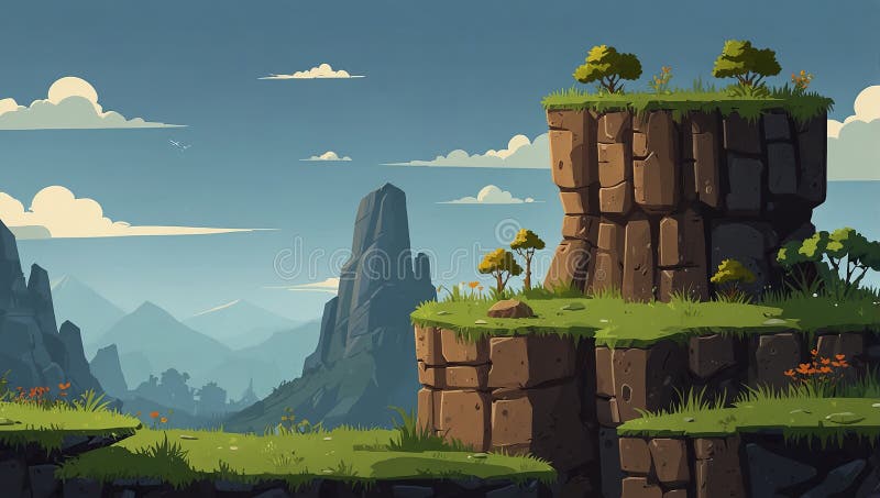 Platformer Game Background with Grassy Cliffs and Clear Sky. 2d Style ...