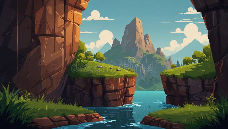 Platformer Game Background with Grassy Cliffs and Clear Sky. 2d Style ...