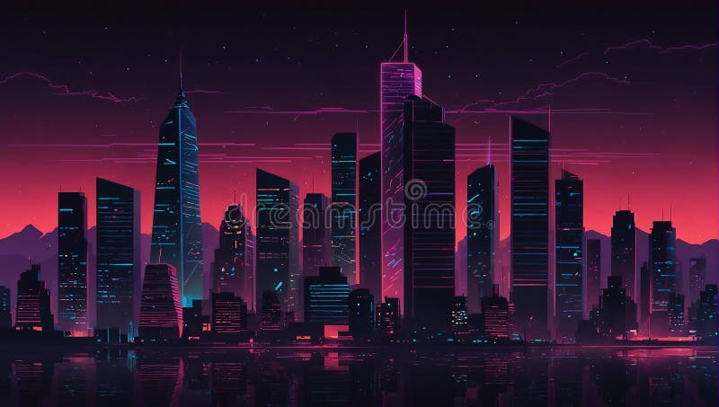 Purple Retrowave City Synthwave Cityscape. 2d Style Stock Photo - Image ...
