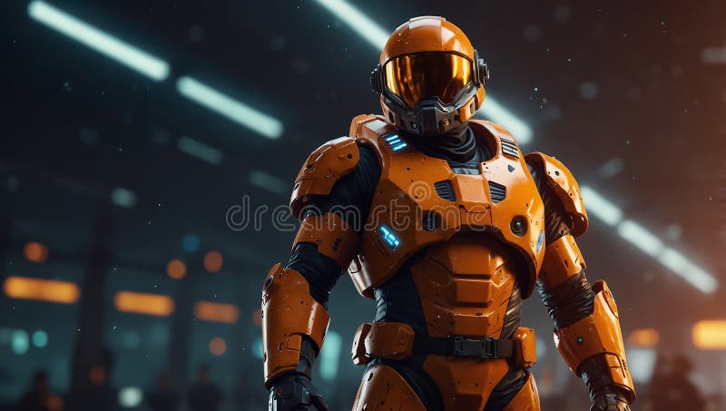 Space Soldier with Orange Armor Suit, Many Lights in Background ...