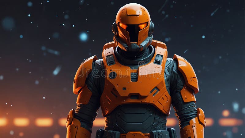 Space Soldier with Orange Armor Suit, Many Lights in Background ...
