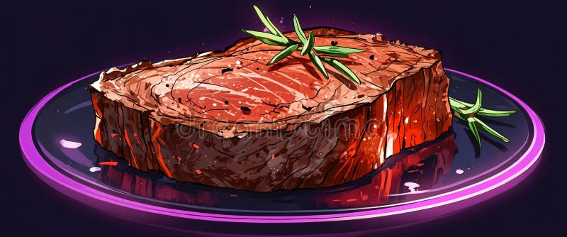 A Tasty Beef Steak with Rosemary and Herbs in Retro Anime Style with ...