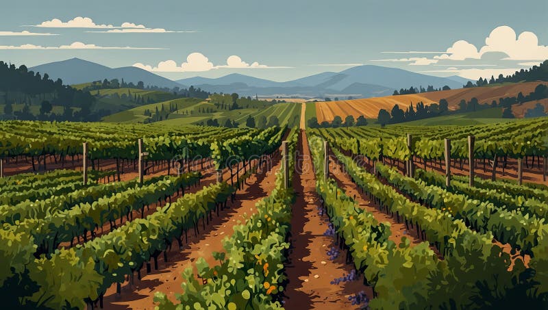 Vineyard Field Landscape Illustration in Cartoon Style Scenery ...