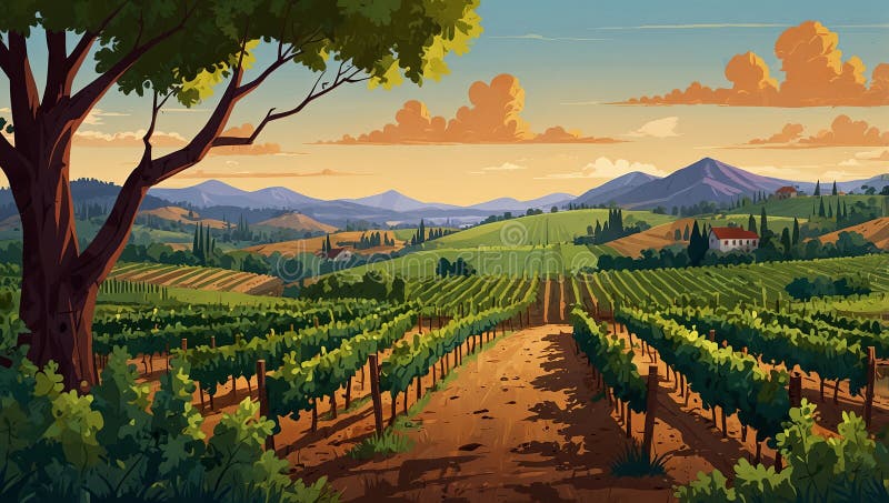Vineyard Field Landscape Illustration in Cartoon Style Scenery ...