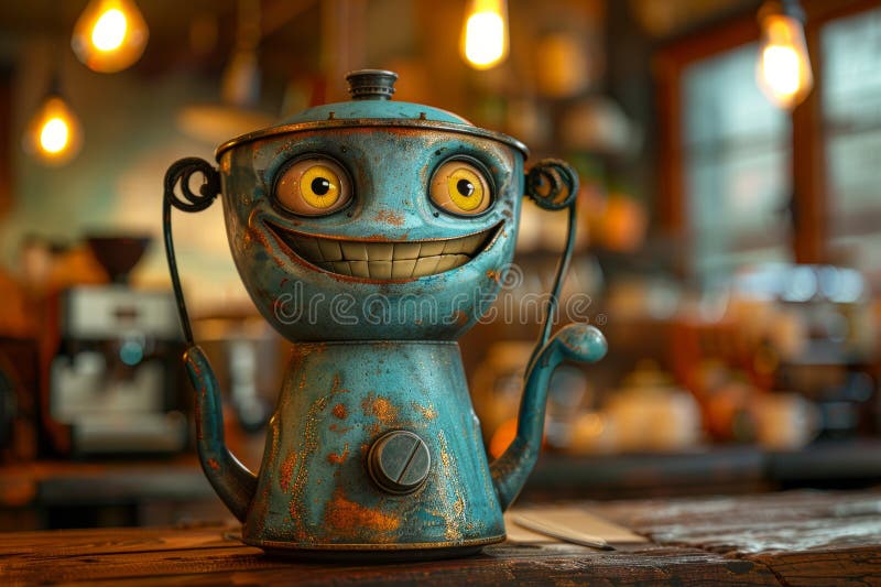 Whimsical Vintage Kettle with a Cheerful Face in a Cozy Cafe Stock ...