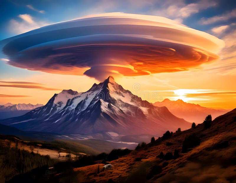 Unique Lenticular Cloud Formation Hovering Over a Mountain Range at Sunset. a Stunning Natural ...
