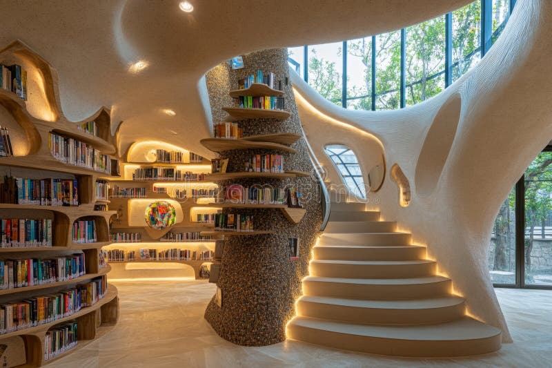 A Stunning Modern Library Design with Beautiful Book Shelves and Soft ...