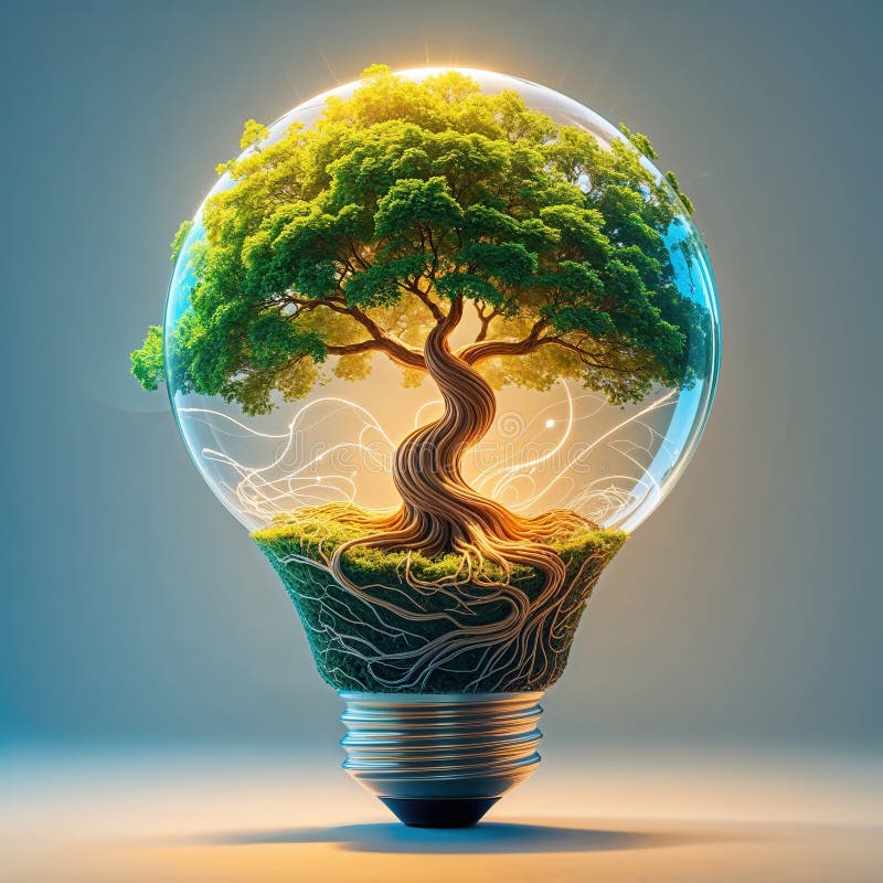 A Unique Light Bulb Showcases a Vibrant Green Tree with Intertwining ...