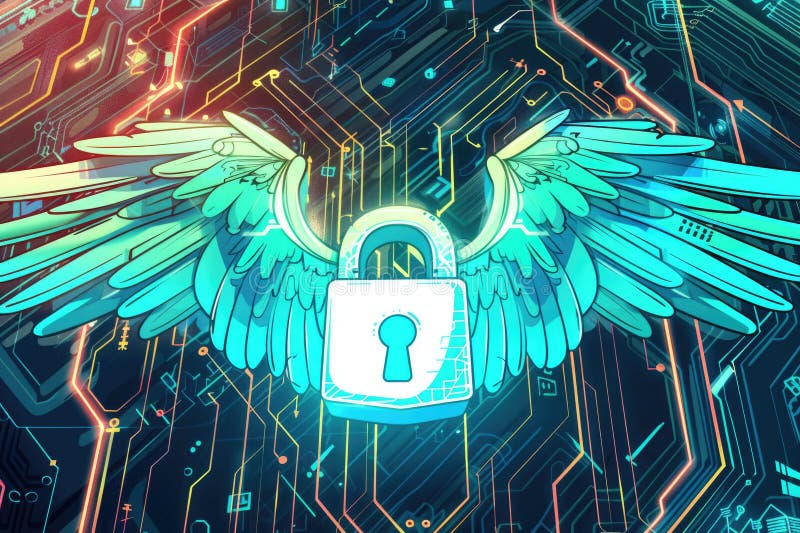 A Unique Lock with Wings on a Circuit Board. Perfect for Technology and ...