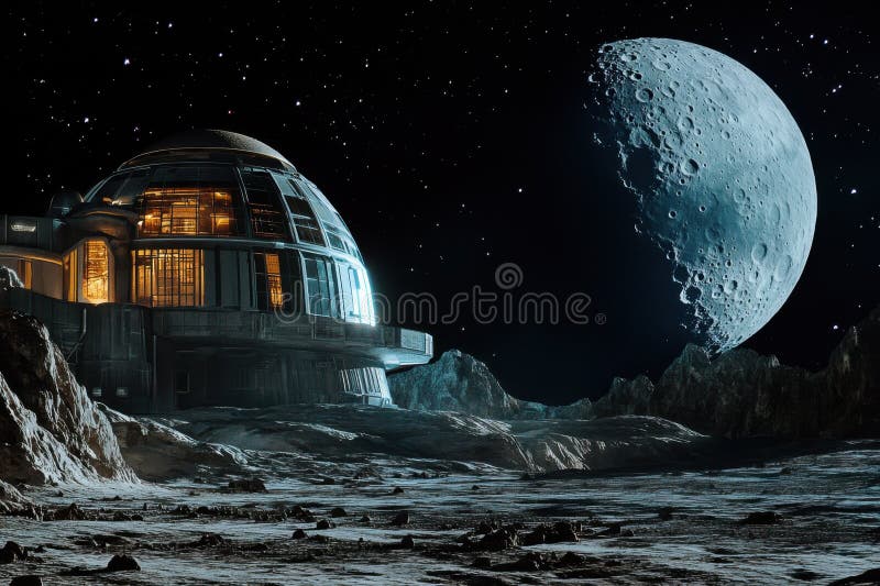 Futuristic Lunar Base with Dome Structure Under a Vast Starry Sky at ...